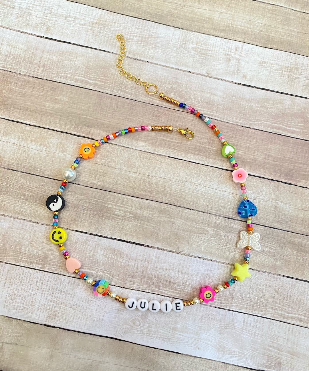Rainbow Beaded Choker, Custom Name Choker, Stretch Bead Choker, Seed ...