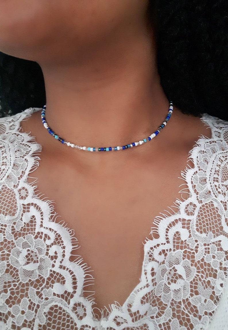 Blue Beaded Choker, Blue Seed Choker, Rainbow Bead Choker, Seed Bead ...