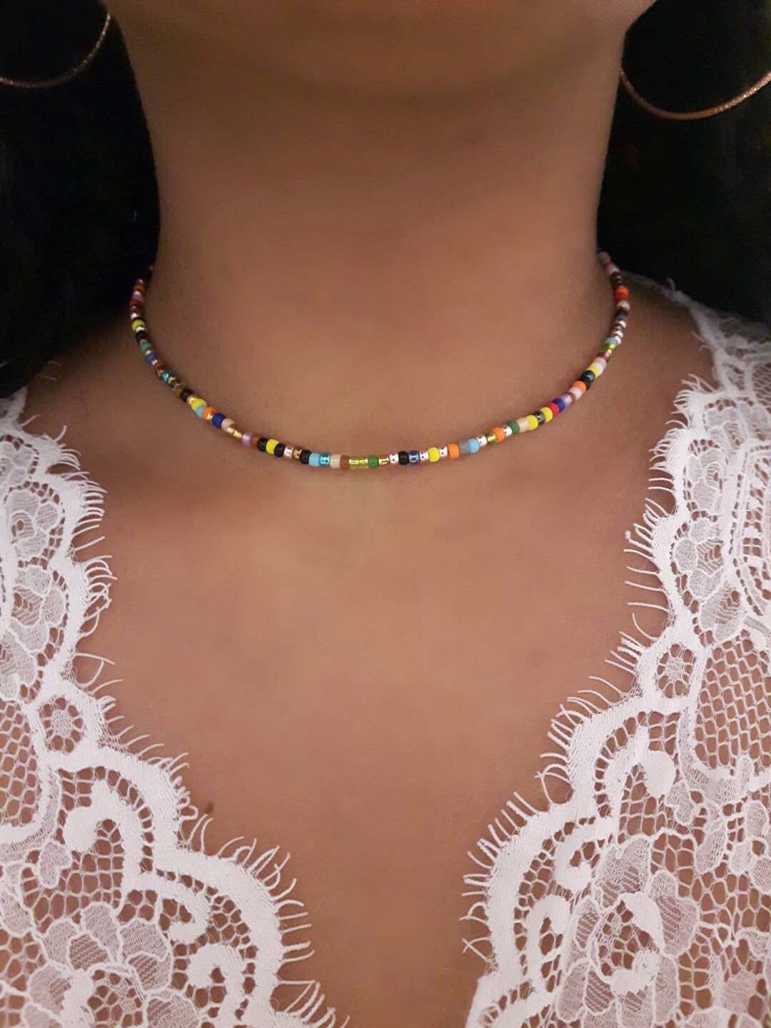 Rainbow Beaded Choker, Rainbow Bead Choker, Stretch Bead Choker, Seed ...