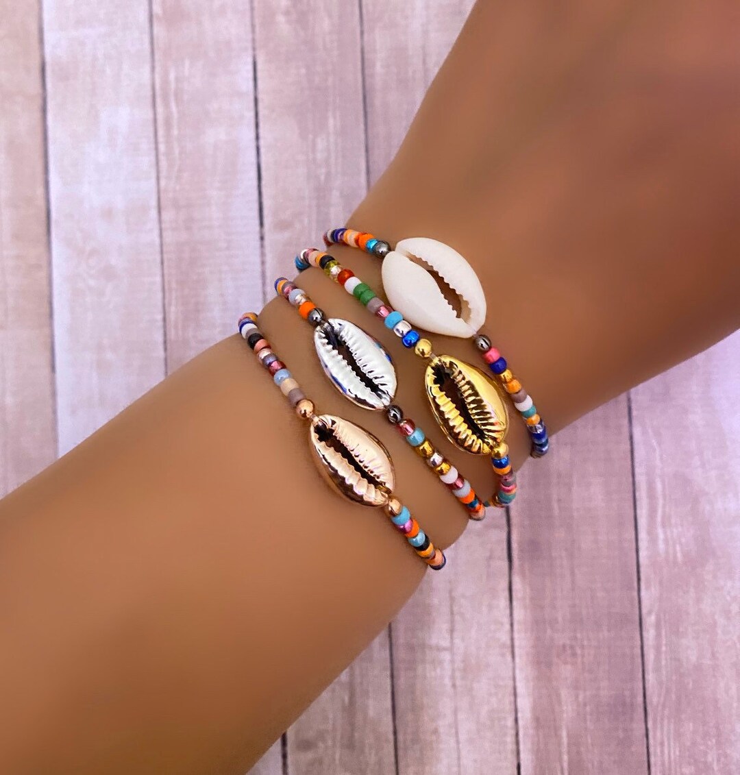 Cowrie Shell Bracelet, Cowrie Shell Jewelry, Rainbow Beaded Bracelet ...