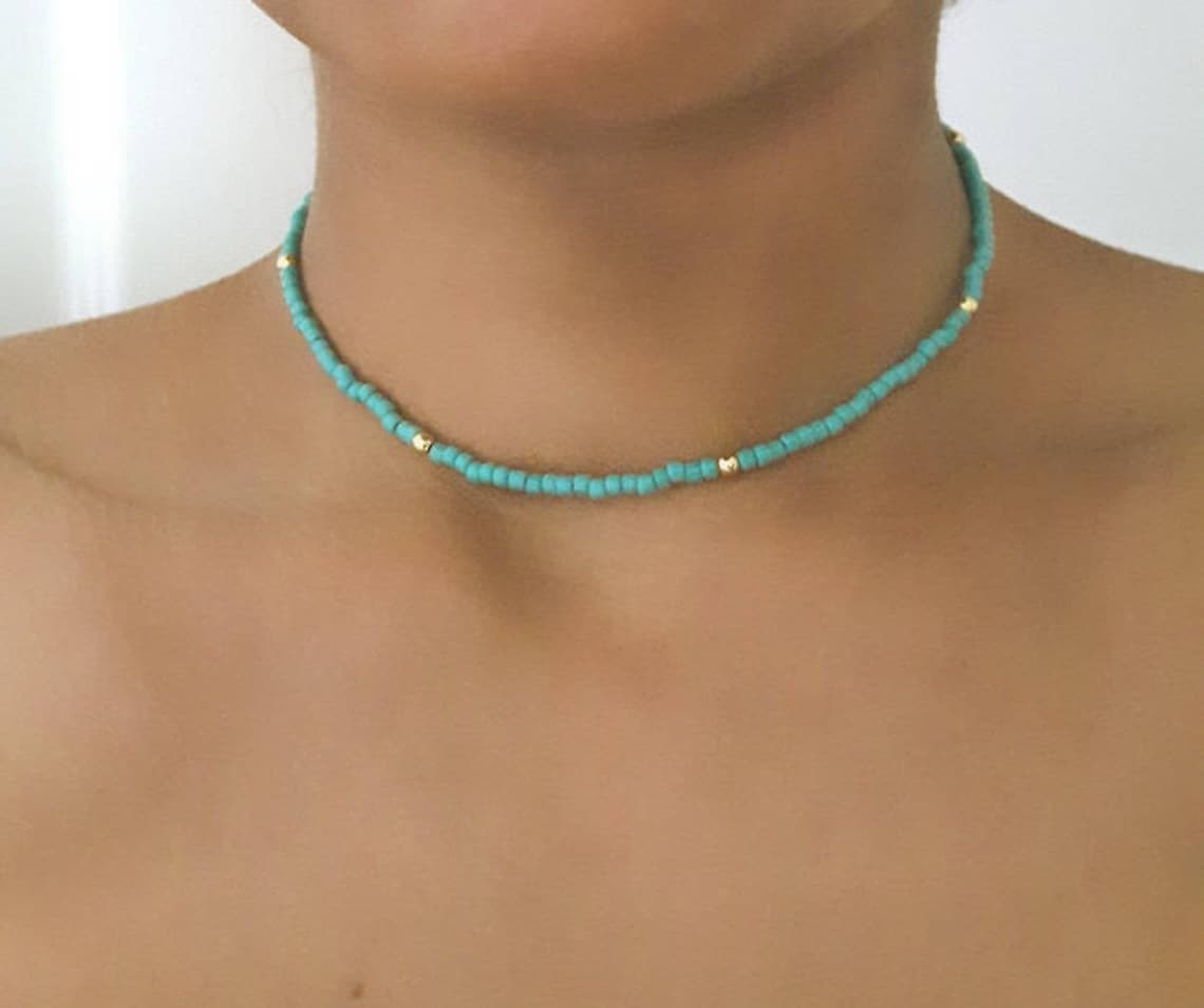 Turquoise Choker, Seed Choker, Turquoise Bead Necklace, Boho Stretch ...