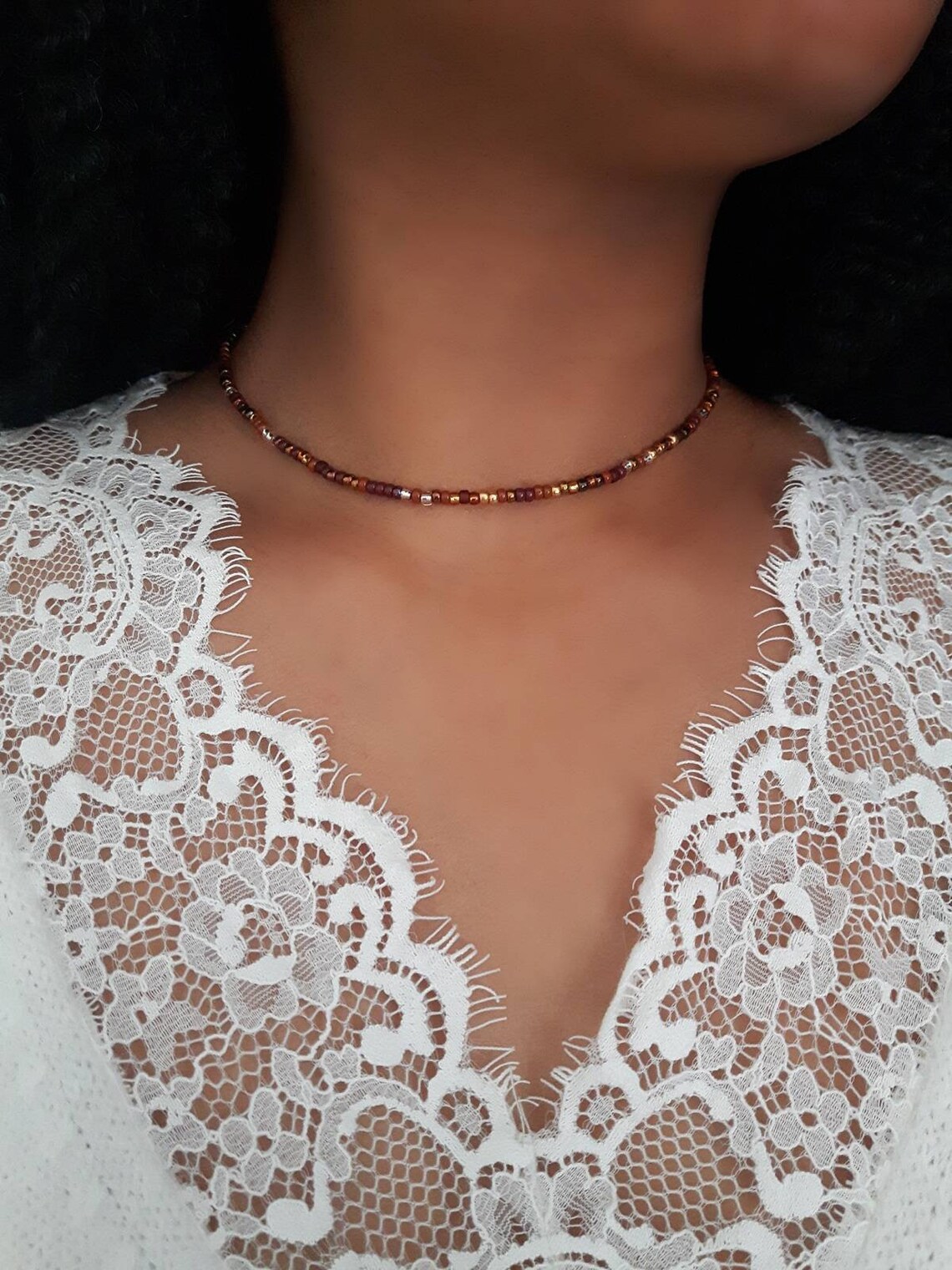 Brown Beaded Choker - Gold Beaded Choker - Gold Seed Choker - Bronze ...