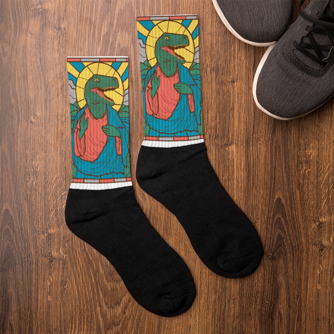 Raptor Jesus Socks, Dinosaur Jesus, Stained Glass Socks, Dinosaur Socks ...