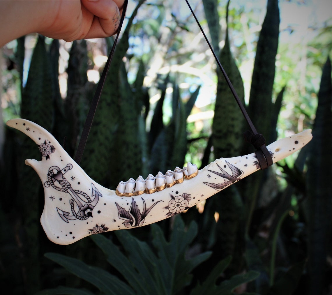 Black and Grey Tattoo Jawbone | Wall Hanging Decor Real Bone Painted ...