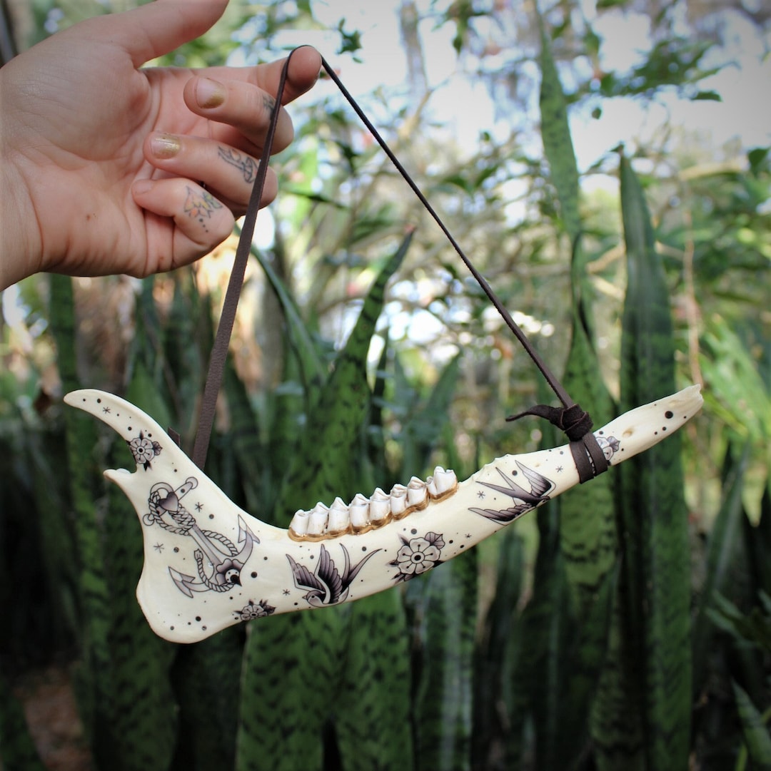 Black and Grey Tattoo Jawbone | Wall Hanging Decor Real Bone Painted ...