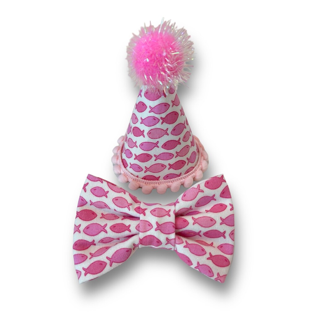 Cat Party Hat and Bow, Fish Kitty Mini Birthday Hat for Cat or Small ...
