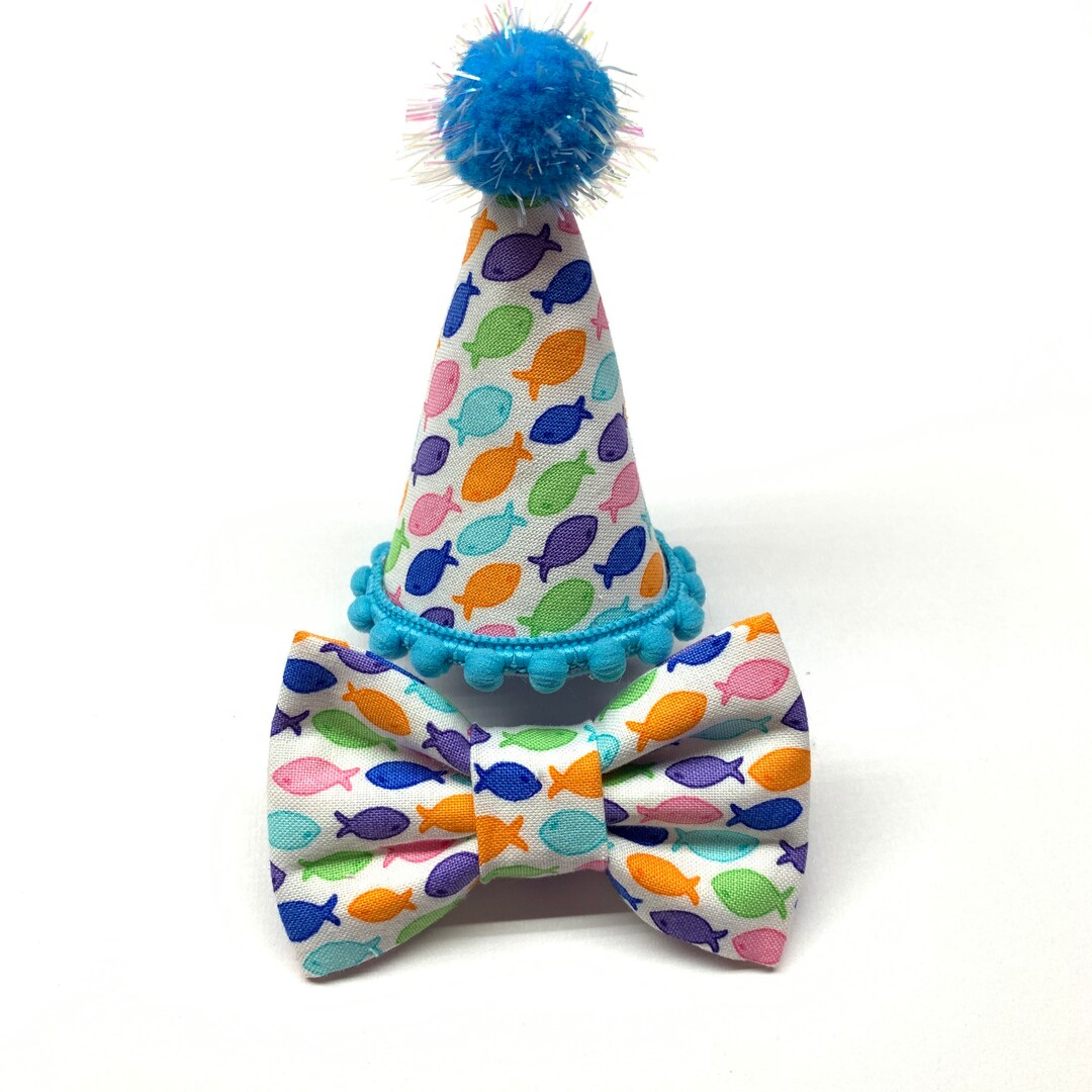 Cat Party Hat and Bow, Fish Kitty Mini Birthday Hat for Cat or Small ...