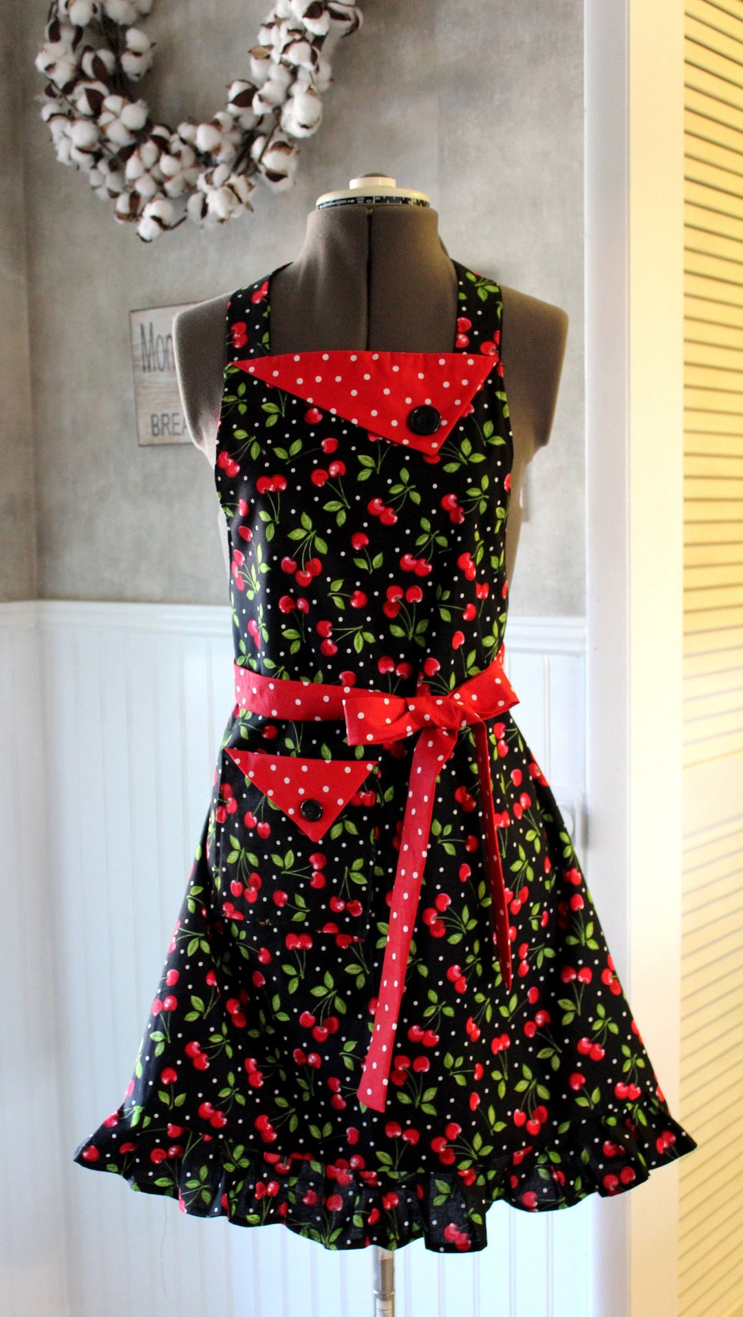 Cherry Apron - Red and Black Cherries - Retro Style -full Apron ...
