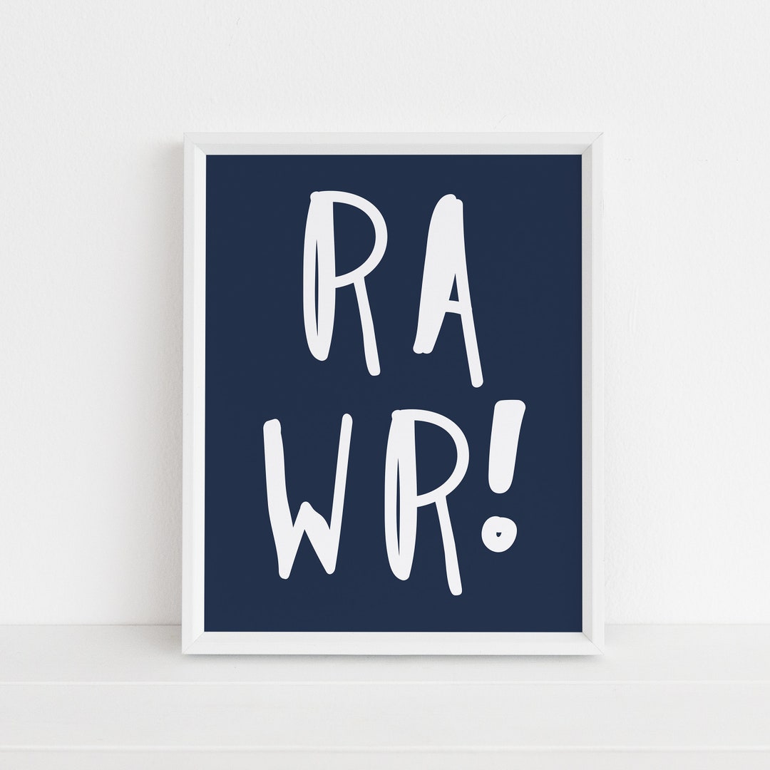 Blue RAWR Print, Dinosaur Animal Wall Art, Dark Navy and White ...