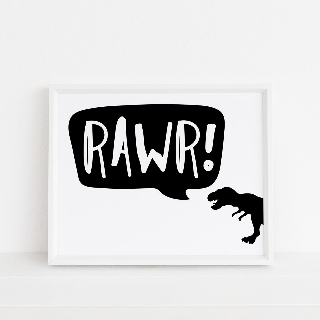 RAWR T-tex Print, Dinosaur Wall Art, Tyrannosaurus, Black and White ...