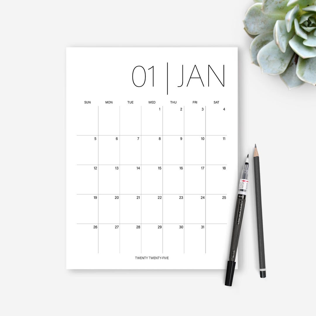 2025 Minimalist Printable Calendar, Simple Font, Clipboard Monthly ...
