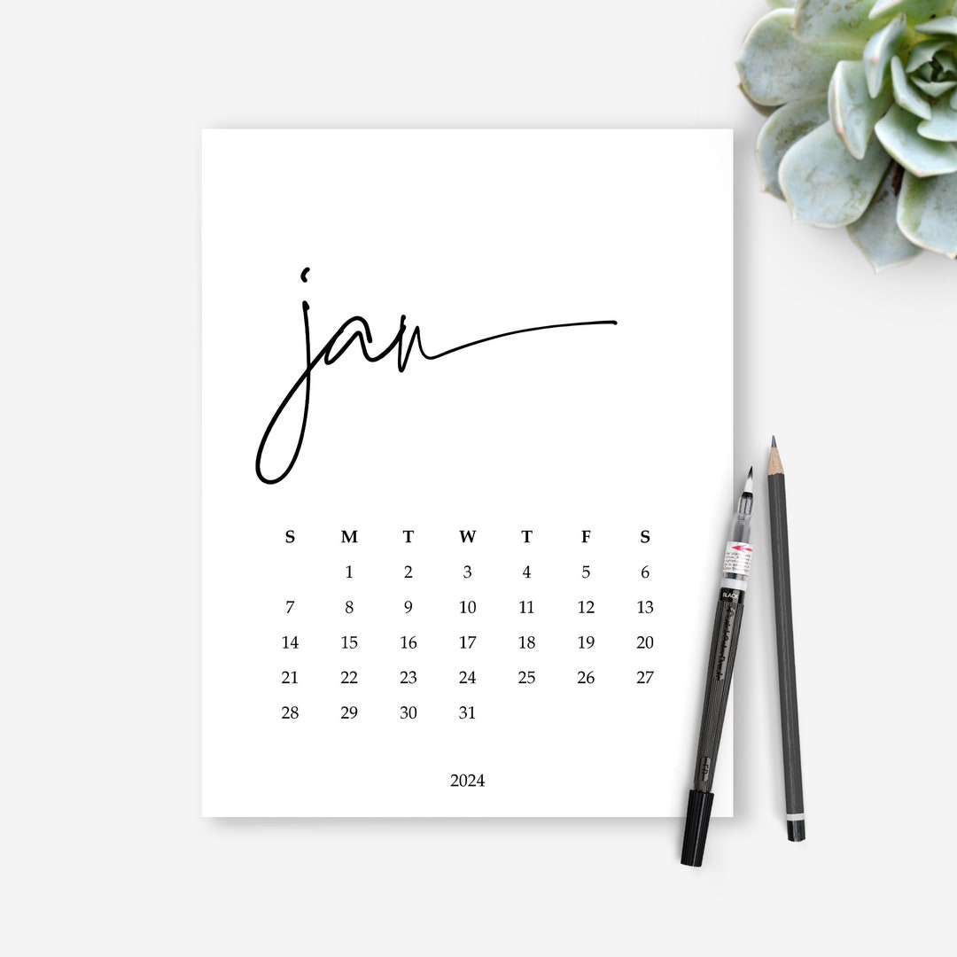 2024 Printable Clipboard Calendar, Minimalist Script Font, Monthly ...