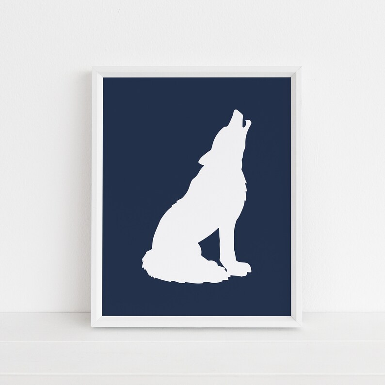 White Howling Wolf on Navy Blue Print, Animal Wall Art, Modern Nursery ...