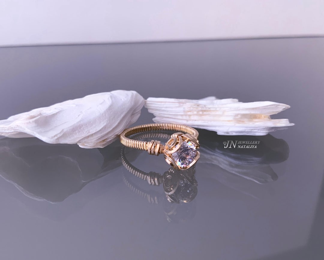 Handmade 14K Yellow Gold-filled Wire Wrapped Ring, 6mm Cubic Zirconia ...