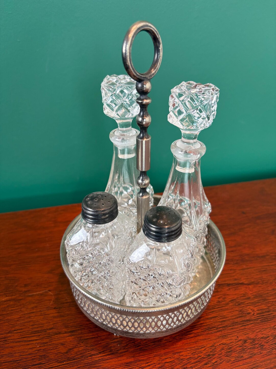 Cut Glass Cruet Caddy Set Salt Pepper Shaker Oil Cruet Bottle Silver ...