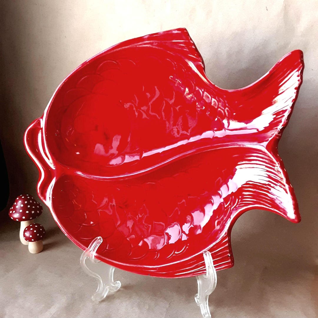 Vintage Red Fish Serving Bowl: Divided Appetizer Dish, Cali Pottery - Etsy
