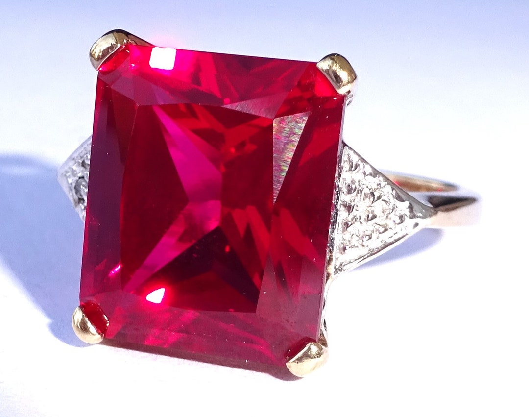 Large 9ct Gold Emerald Cut Ruby & Diamond Cocktail Ring, Size M1/2 - Etsy