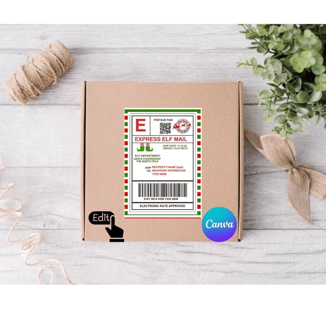 Elf Arrives Editable Shipping Label | Customizable Package Labels ...