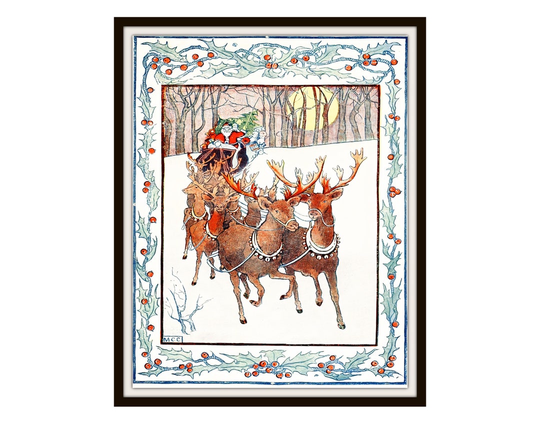 Vintage Christmas Santa and Sleigh Giclee Art Print Reproduction Prints ...