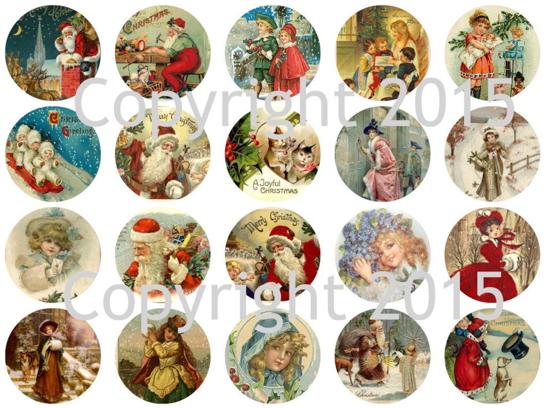 Printed Vintage Victorian Santa Christmas Circles Collage Sheet #3, 8.5 ...
