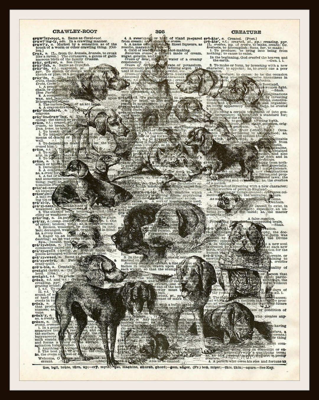 Dogs Art Print Reproduction Ephemera Dictionary Background Art Poster ...