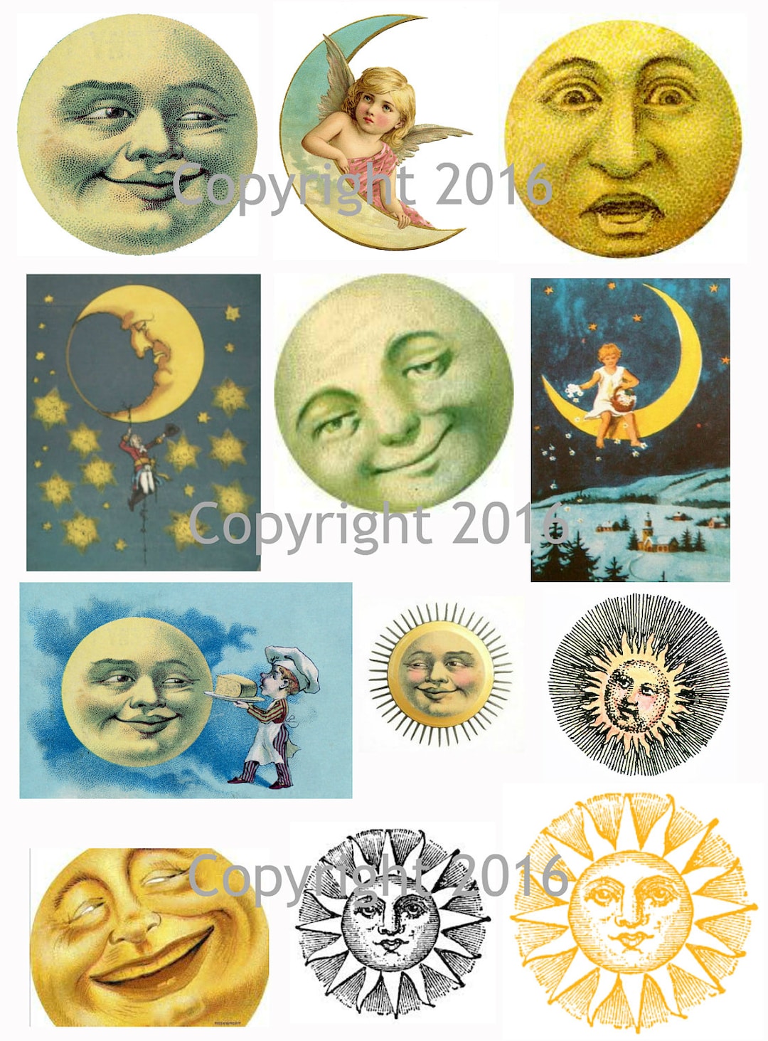 Printed Vintage Celestial Man on the Moon Collage Sheet # 101, 8.5 X 11 ...