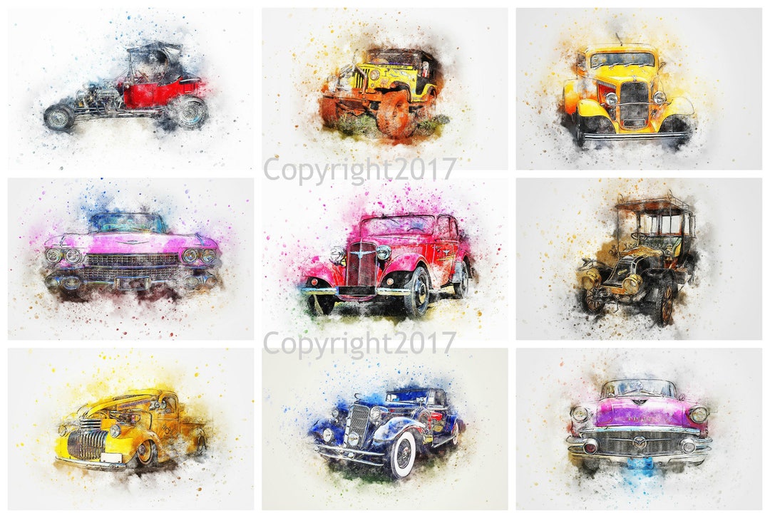 Printed Watercolor Cars Collage Sheet #102 8.5 X 11 Printed Sheet ...