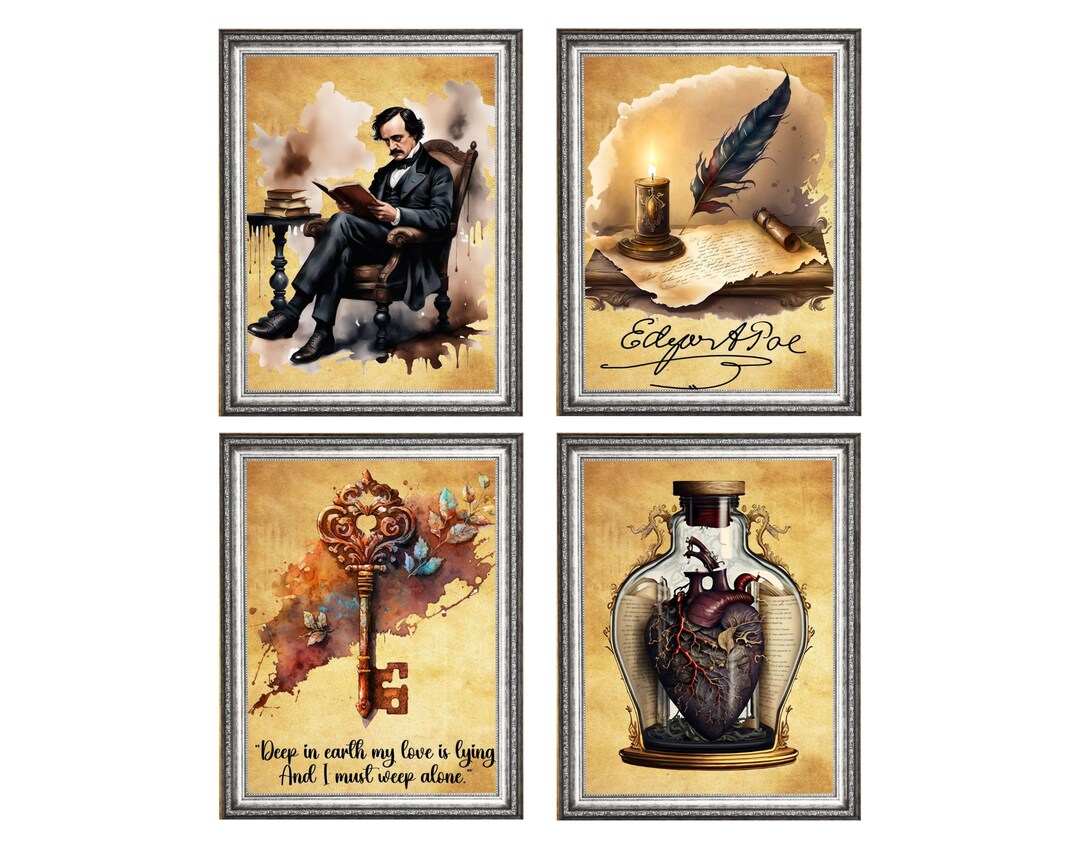 Set of 4 Edgar Allan Poe Gothic Halloween Art Print Posters 5, Wall ...