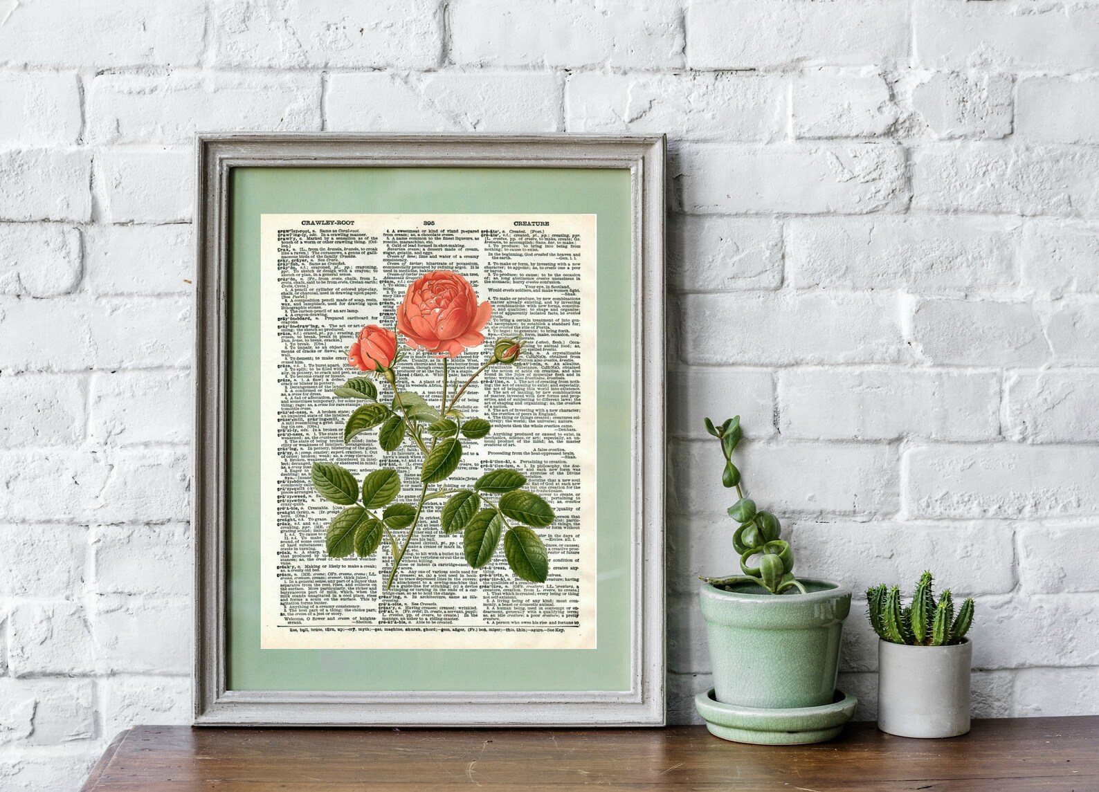 Printed Vintage Botanical Roses on Reproduction Dictionary Page Art ...