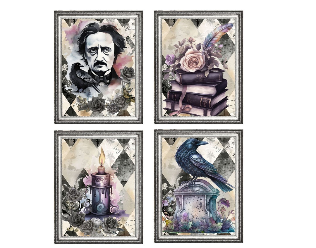Set of 4 Edgar Allan Poe Gothic Halloween Art Print Posters 4, Wall ...