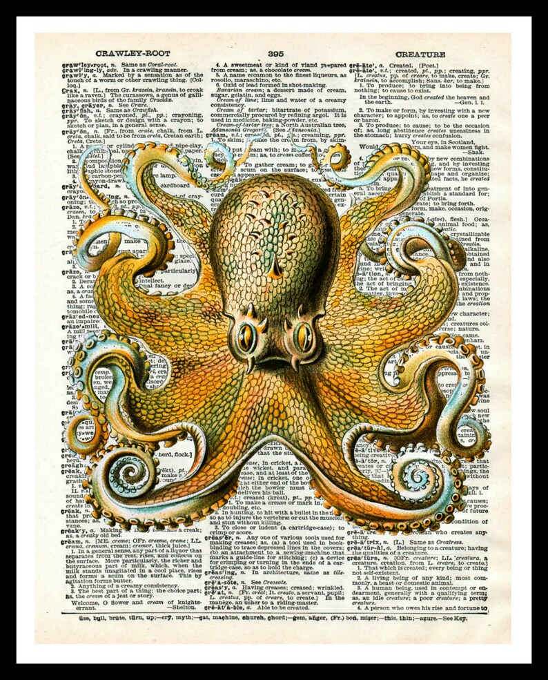 Printed Vintage Octopus Art Print Poster on Vintage Dictionary | Etsy