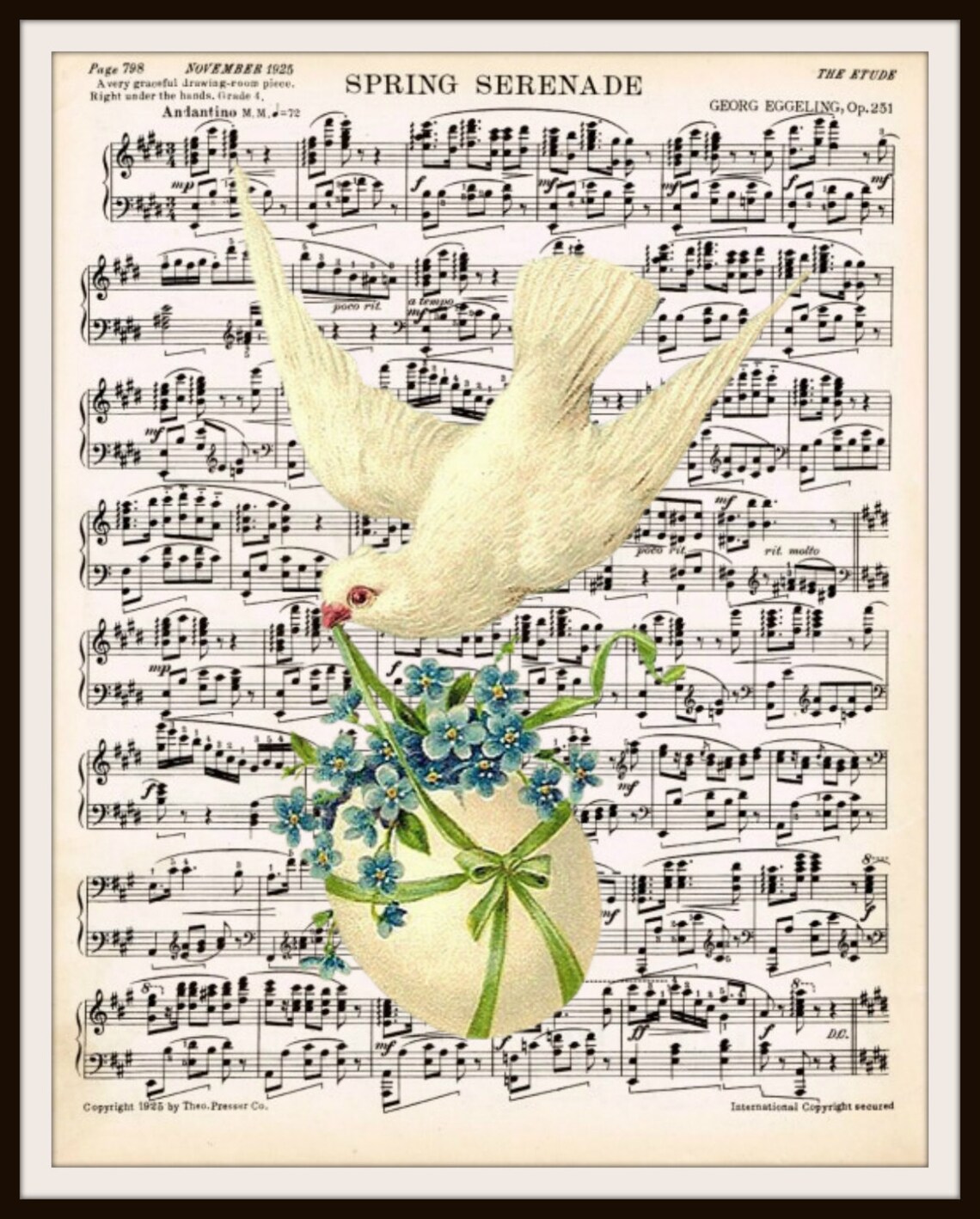 Vintage Original Art Image Print, Dove on Vintage Sheet Music Wall ...