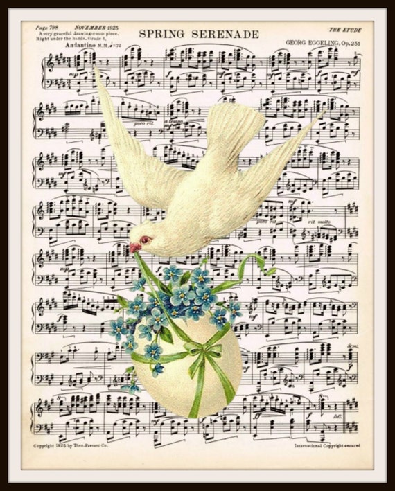 Vintage Original Art Image Print Dove on Vintage Sheet Music | Etsy