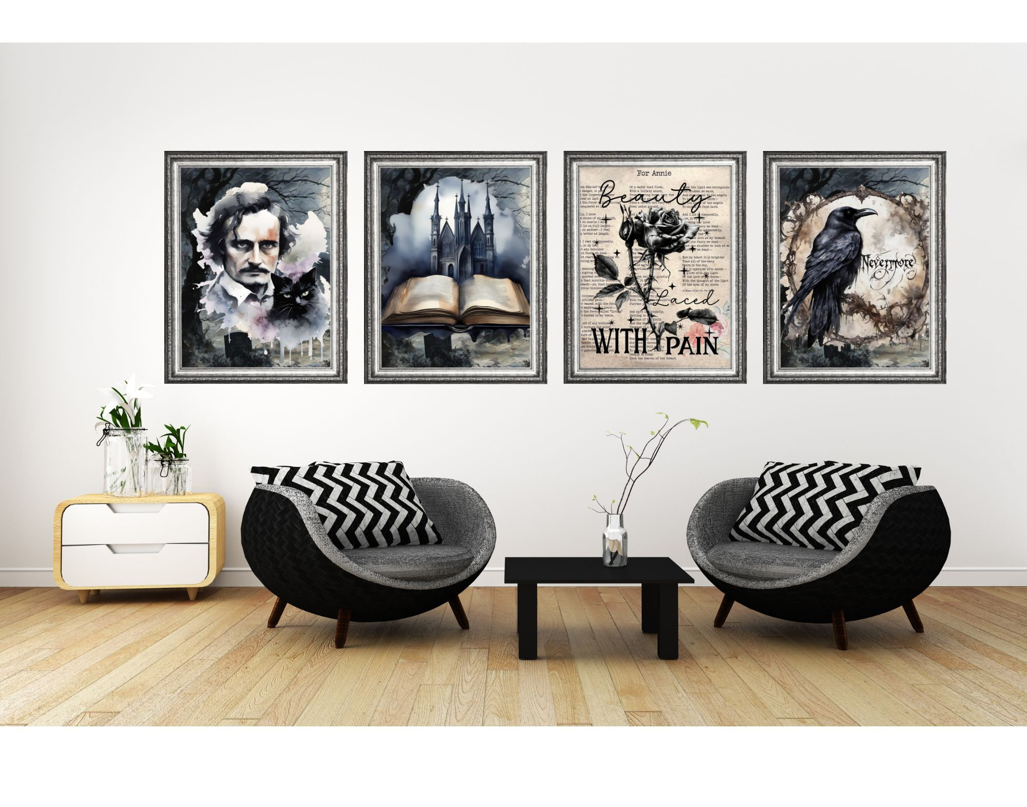 Set of 4 Edgar Allan Poe Gothic Halloween Art Print Posters 6, Wall ...