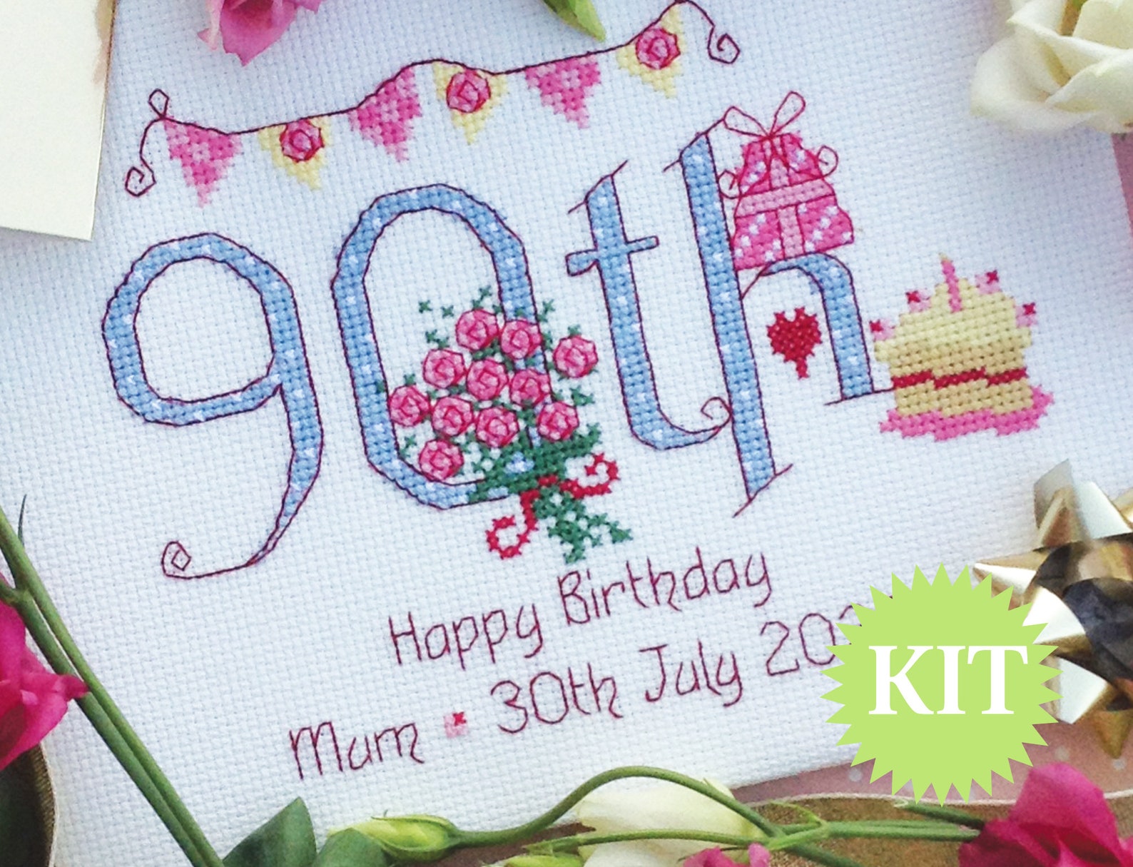 90th Birthday (numbers) Customisable Cross Stitch Printed PATTERN or ...