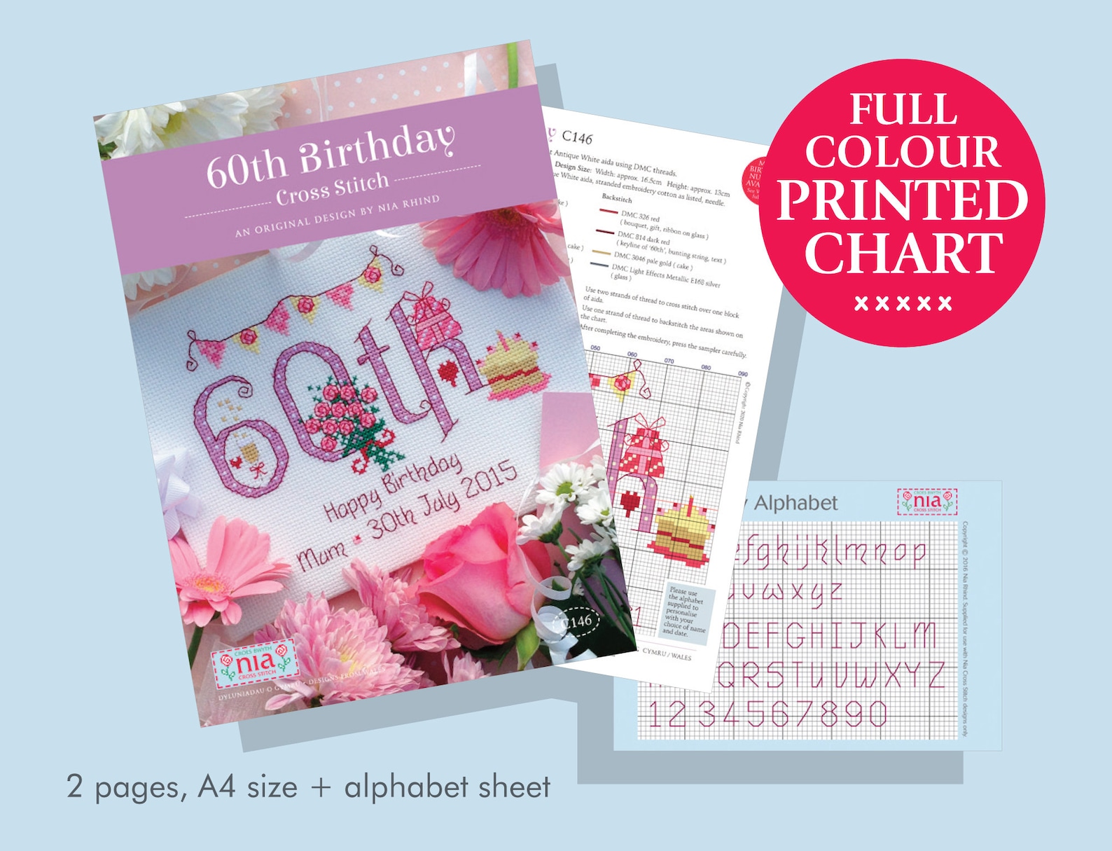 60th Birthday (numbers) Customisable Cross Stitch Printed PATTERN or ...