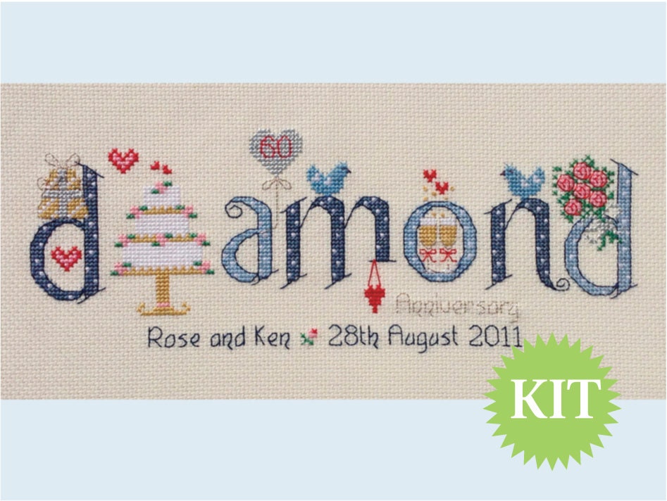 Diamond 60th Wedding Anniversary Customisable Cross Stitch Printed ...