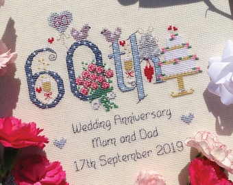 60th Wedding Anniversary Cross Stitch Pattern Customizable Digital PDF ...