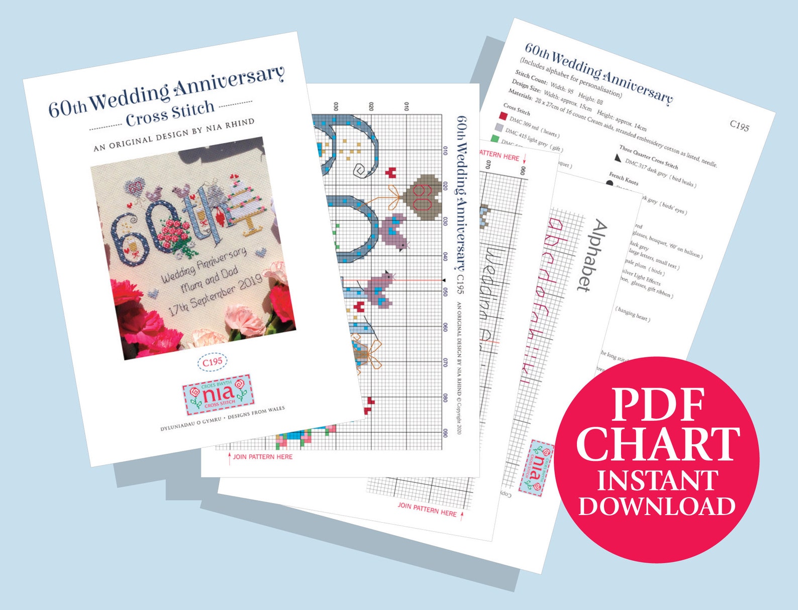 60th Wedding DIAMOND Anniversary Customisable Cross Stitch Chart ...