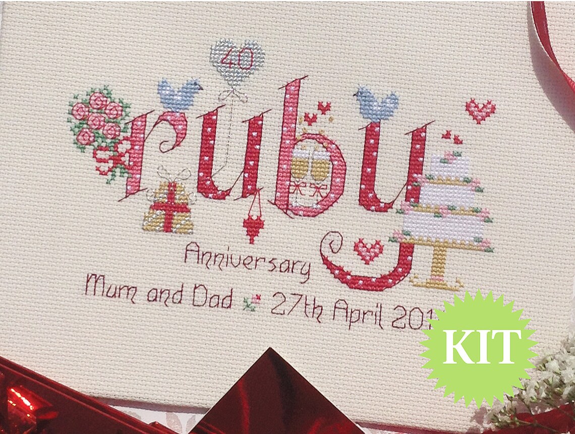 Ruby 40th Wedding Anniversary Customisable Cross Stitch - Etsy