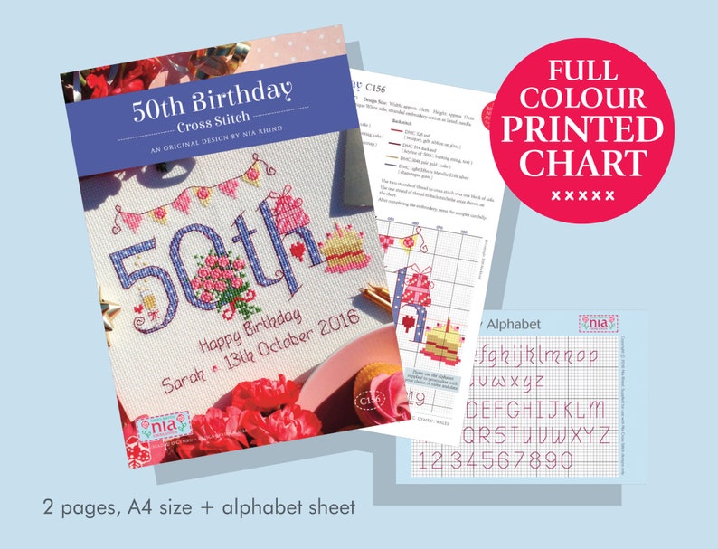 50th Birthday (numbers) - Customisable Cross Stitch Printed PATTERN or ...