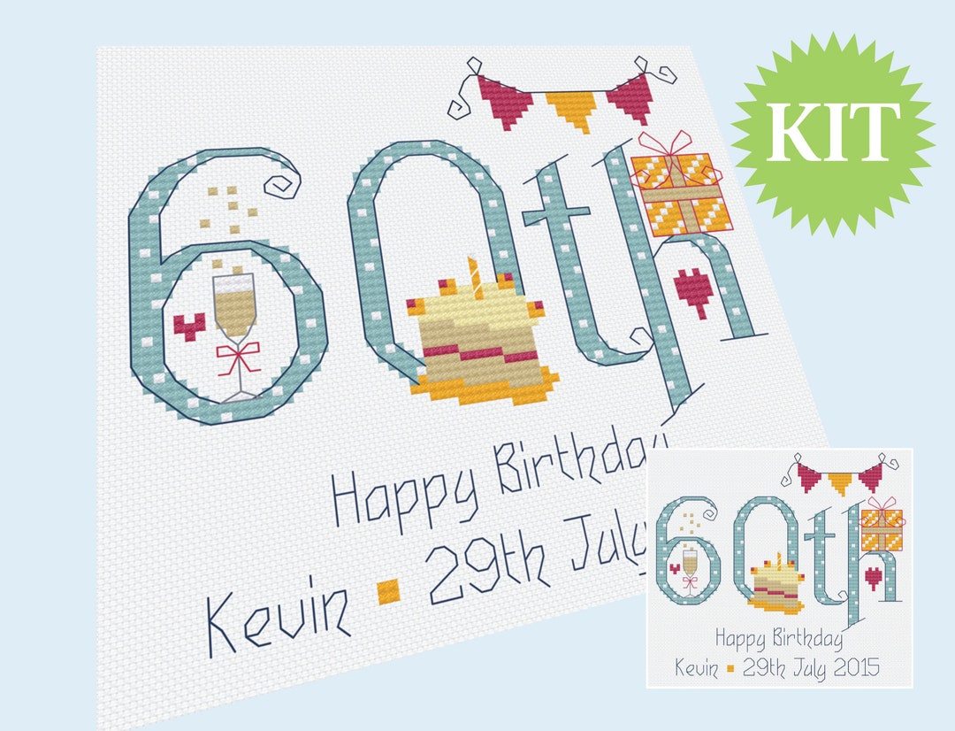 60th Birthday (numbers) Male - Customisable Cross Stitch Printed ...