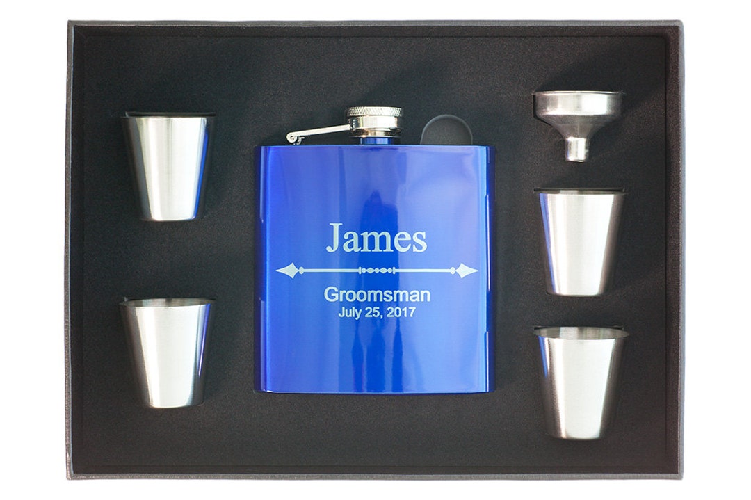 Personalized Blue Flask Gift Set, Custom Engraved Groomsman Gift ...
