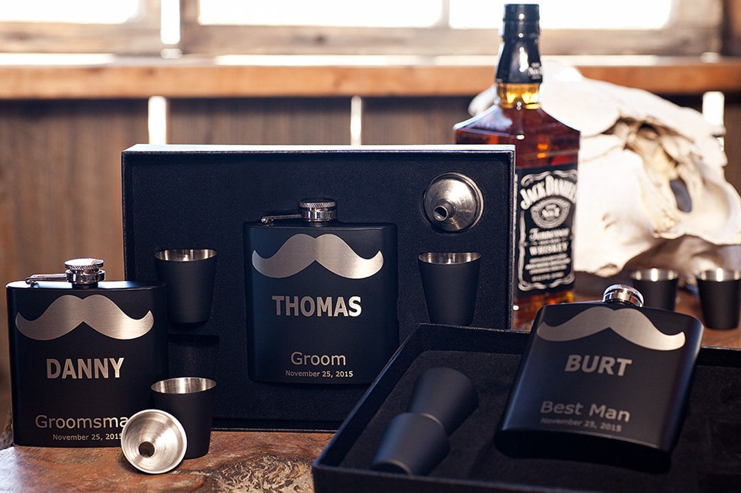 Flask Gift Set, Personalized Mustache Flask, Custom Engraved Gift ...
