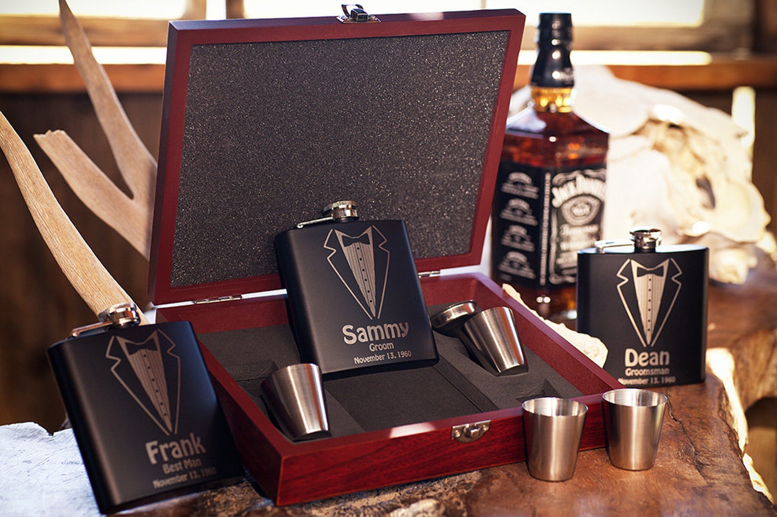 Rosewood Box Flask Gift Set, Personalized Groomsmen Gift, Custom ...