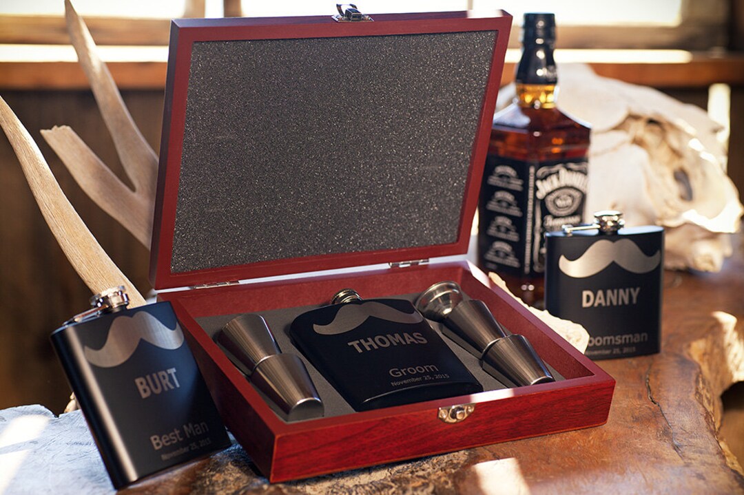 Rosewood Box Flask Gift Set, Personalized Groomsmen Mustache Flask ...