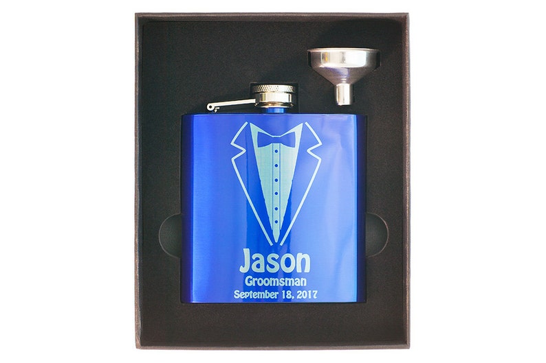 Personalized Blue Tuxedo Flask in Gift Box Custom Engraved | Etsy