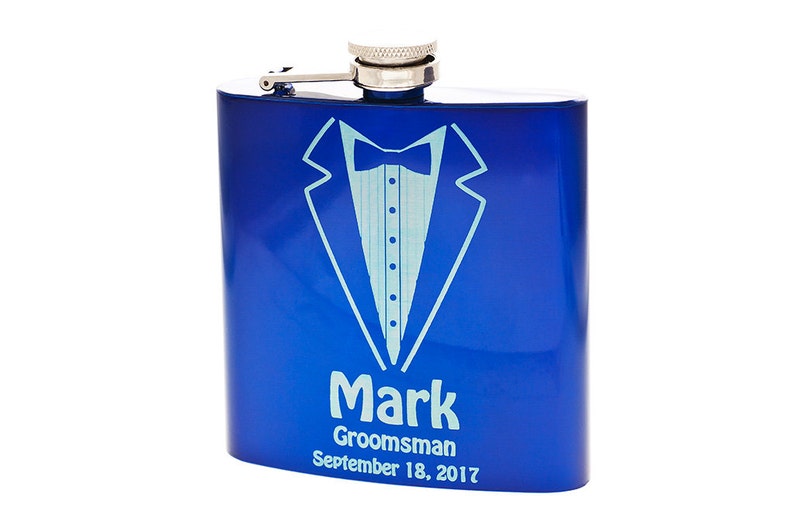 Personalized Blue Tuxedo Flask in Gift Box, Custom Engraved Groomsman ...