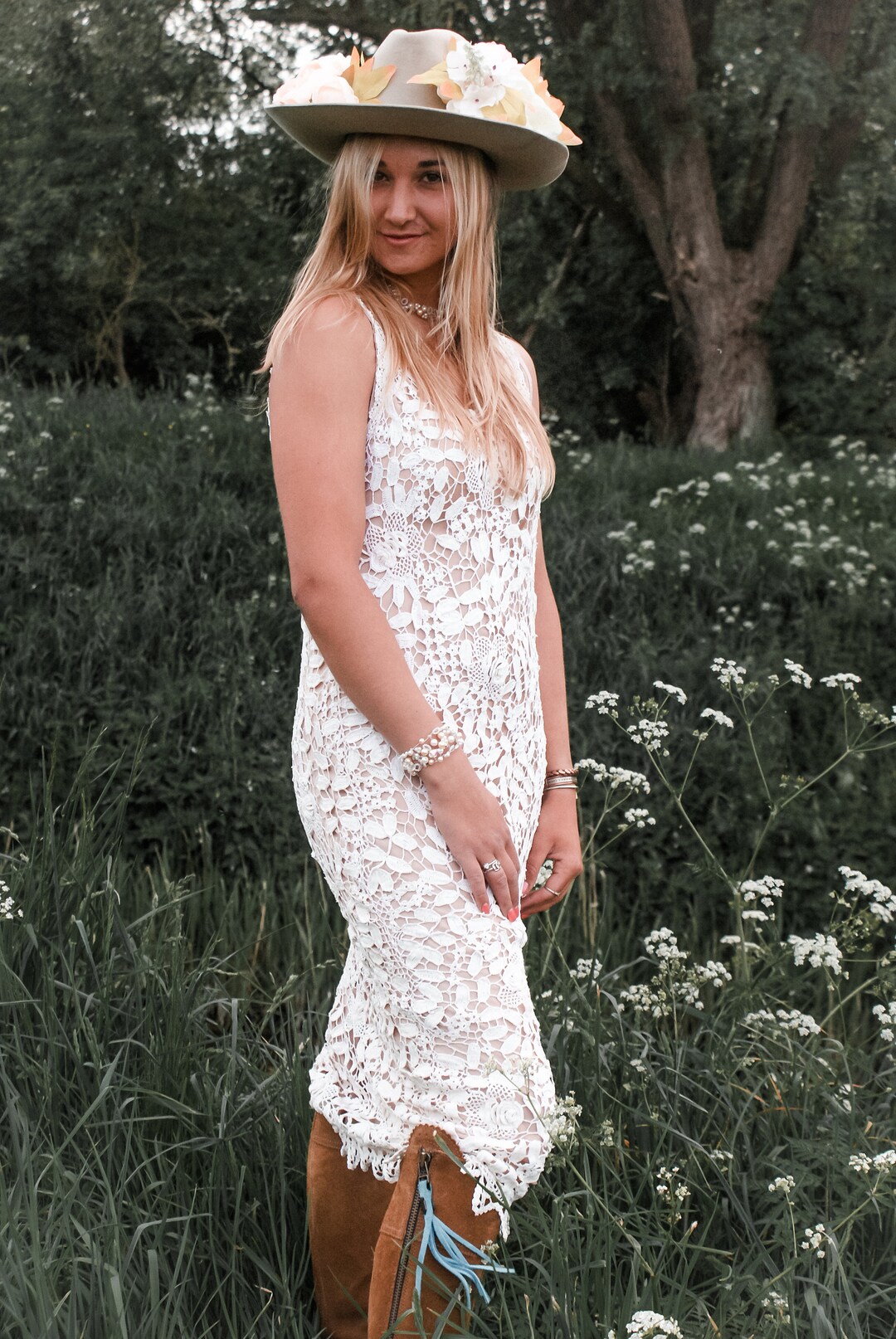 Boho Festival Hippie Wedding Beach Vintage Floral Lace Dress 12 UK 8 US ...