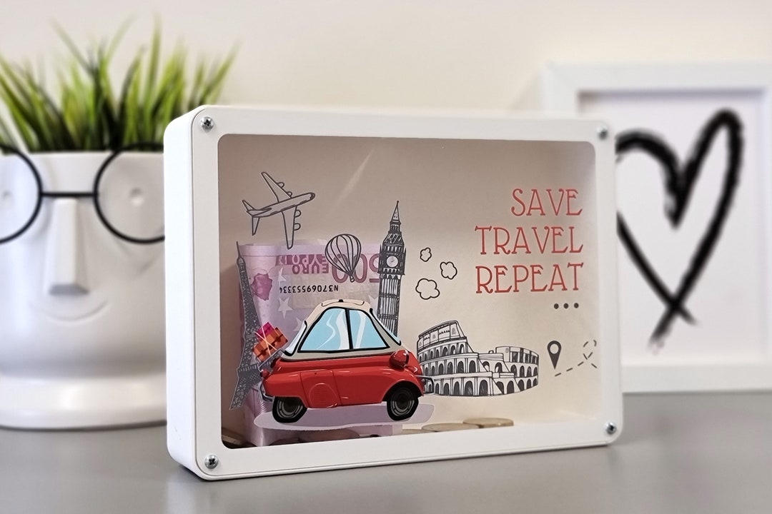 Travel Fund Piggy Bank – White 3D Printed Adventure Money Box, Holiday ...